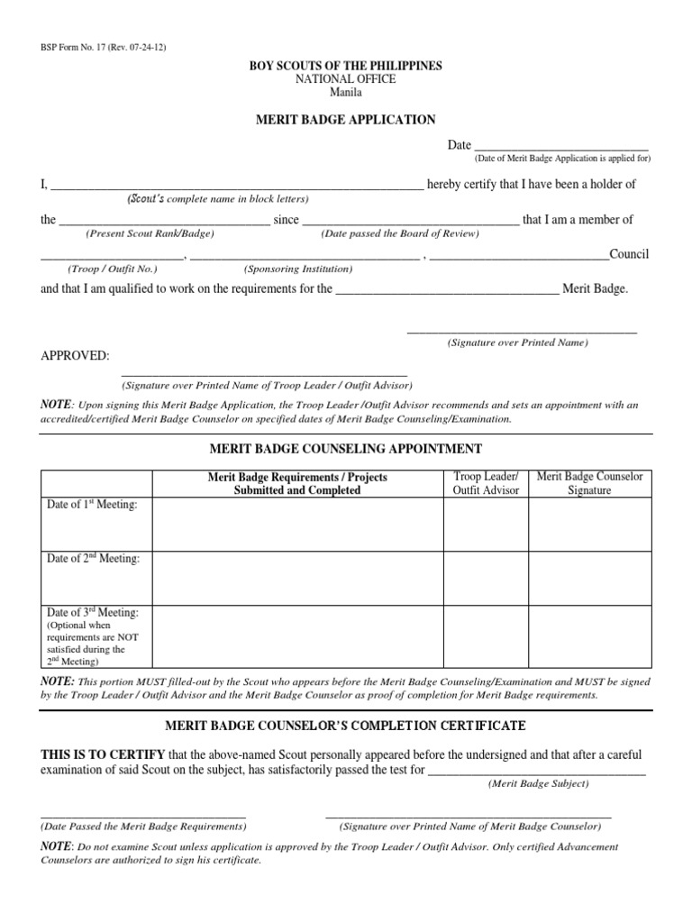 Revised BSP Form No. 17 Merit Badge Application Form PDF | PDF ...