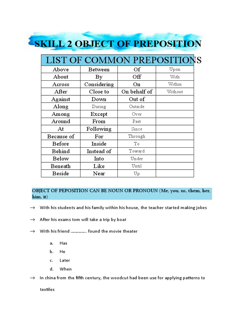 Skill 2object of Preposition | PDF | Preposition And Postposition | Grammar