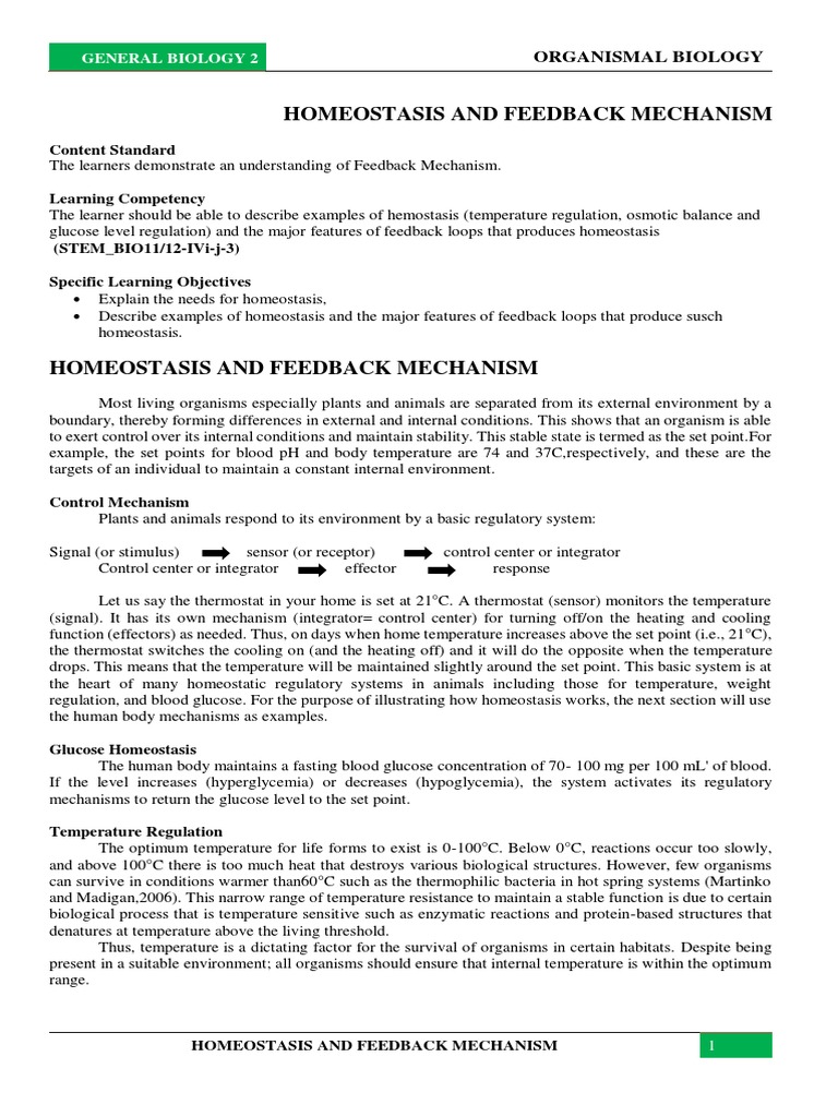 Homeostasis and Feedback Mechanism PDF | PDF | Homeostasis ...