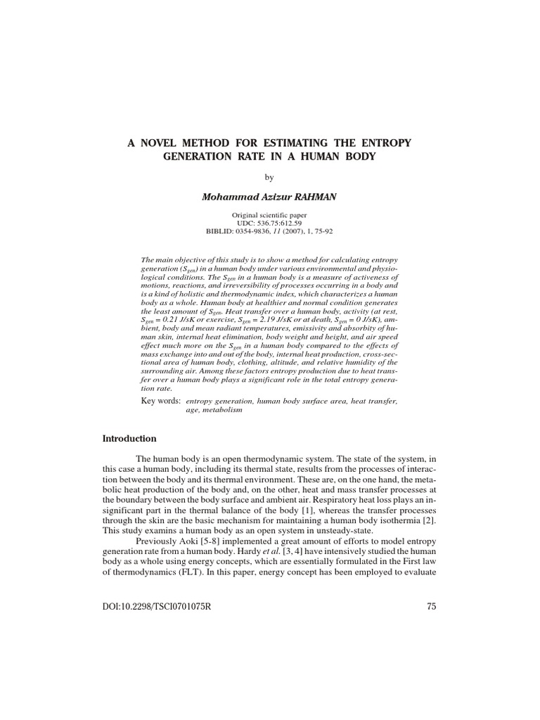 A Novel Method For Estimating The Entropy Generation Rate in A Human ...