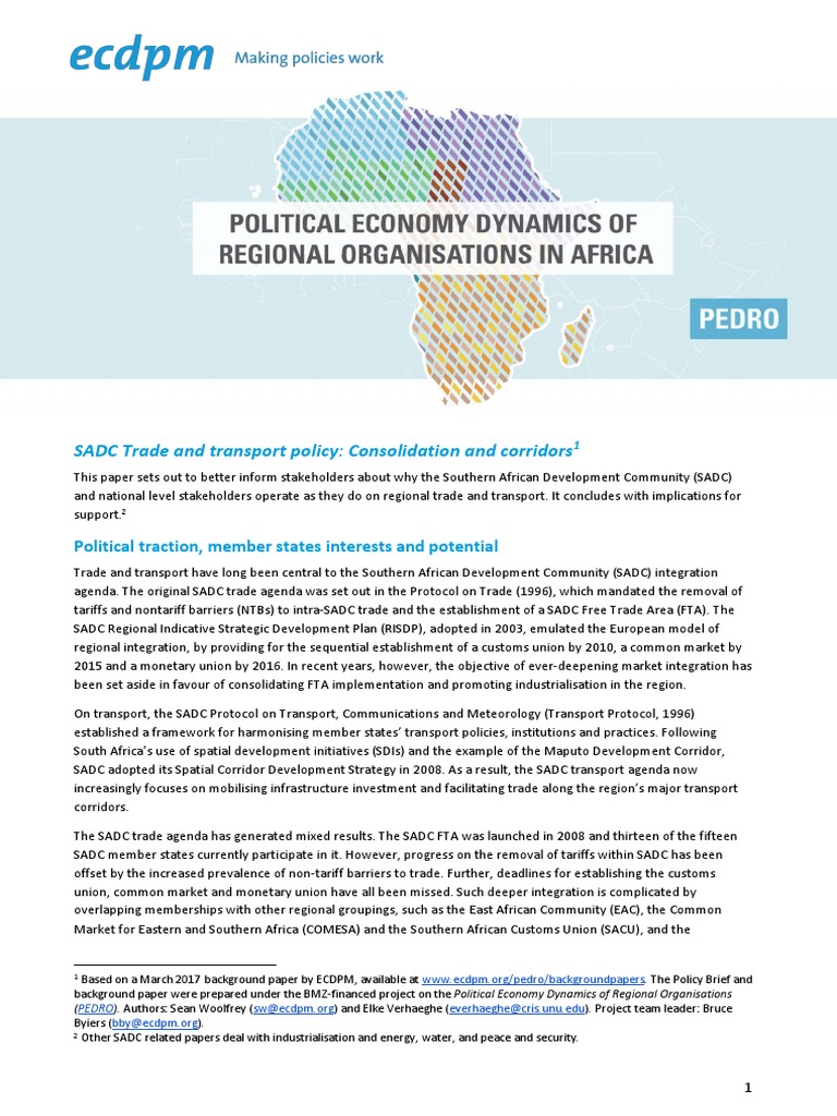 SADC Trade and Transport Policy: Consolidation and Corridors | PDF ...