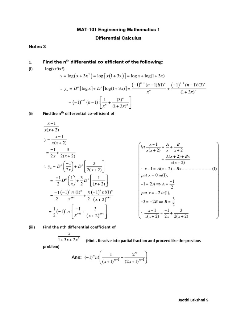 Find The N Differential Co-Efficient of The Following: MAT-101 ...