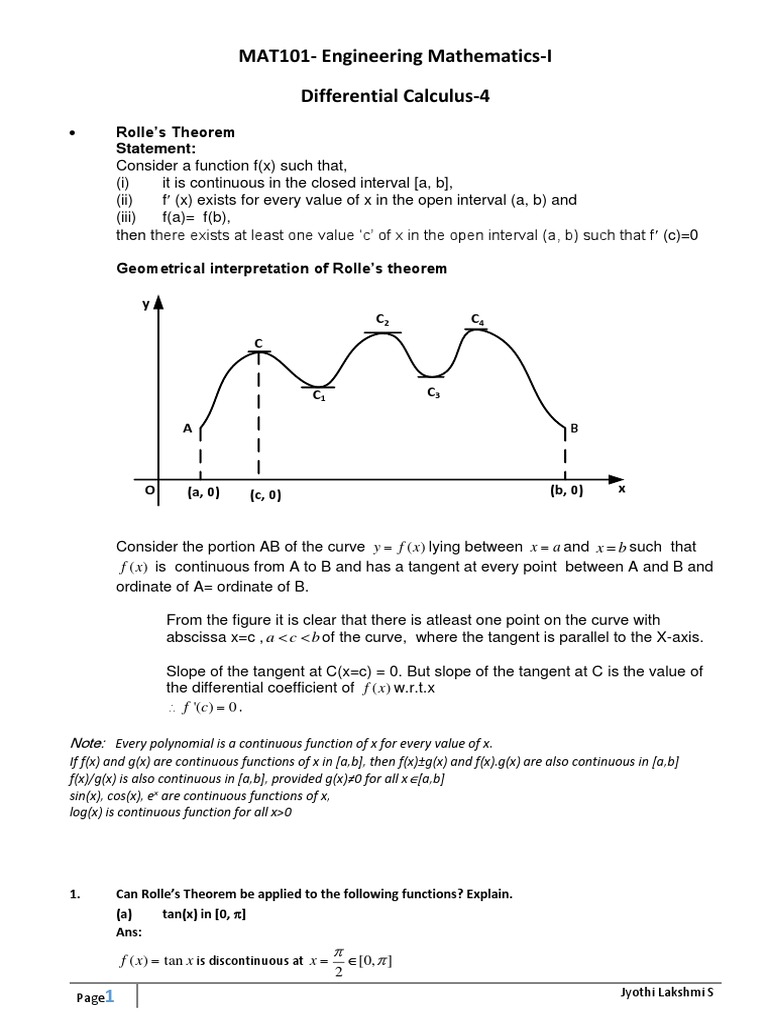 MAT101-Engineering Mathematics-I Differential Calculus-4: Rolle's Theorem Statement | PDF ...