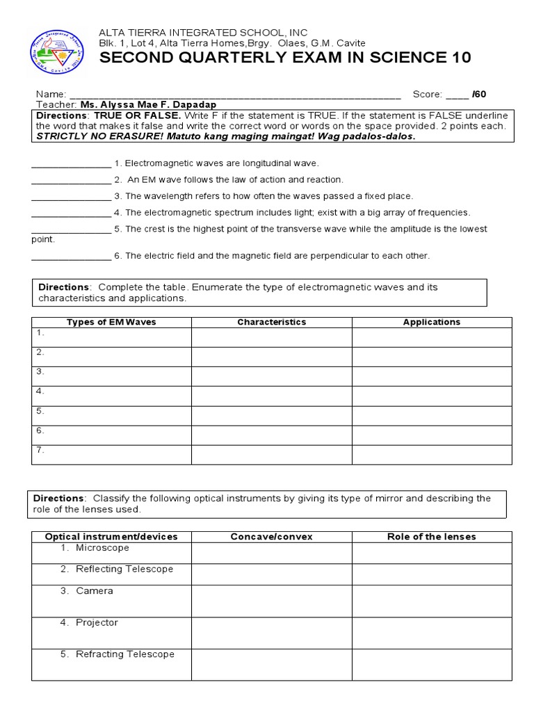 Second Quarterly Exam in Science 10: STRICTLY NO ERASURE! Matuto Kang ...