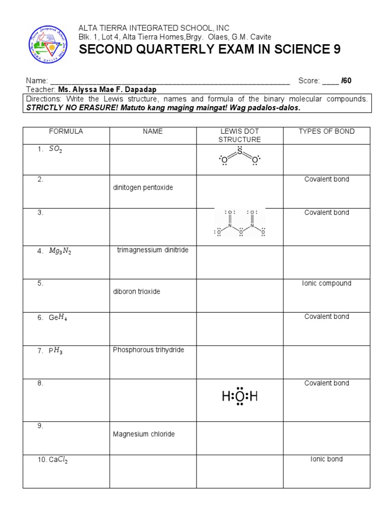 Alta Tierra Integrated School Science Exam | PDF | Chemical Bond ...