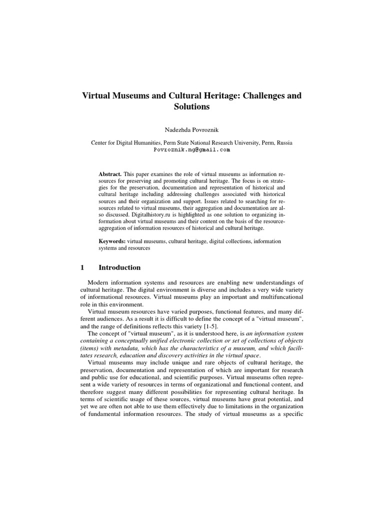 Virtual Museums and Cultural Heritage: Challenges and Solutions | PDF ...