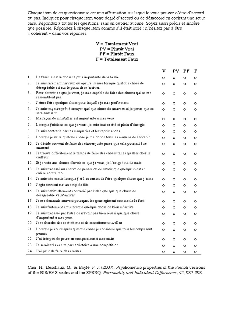Questionnaire BIS/BAS en Français | PDF | Échecs | Jeux et activités