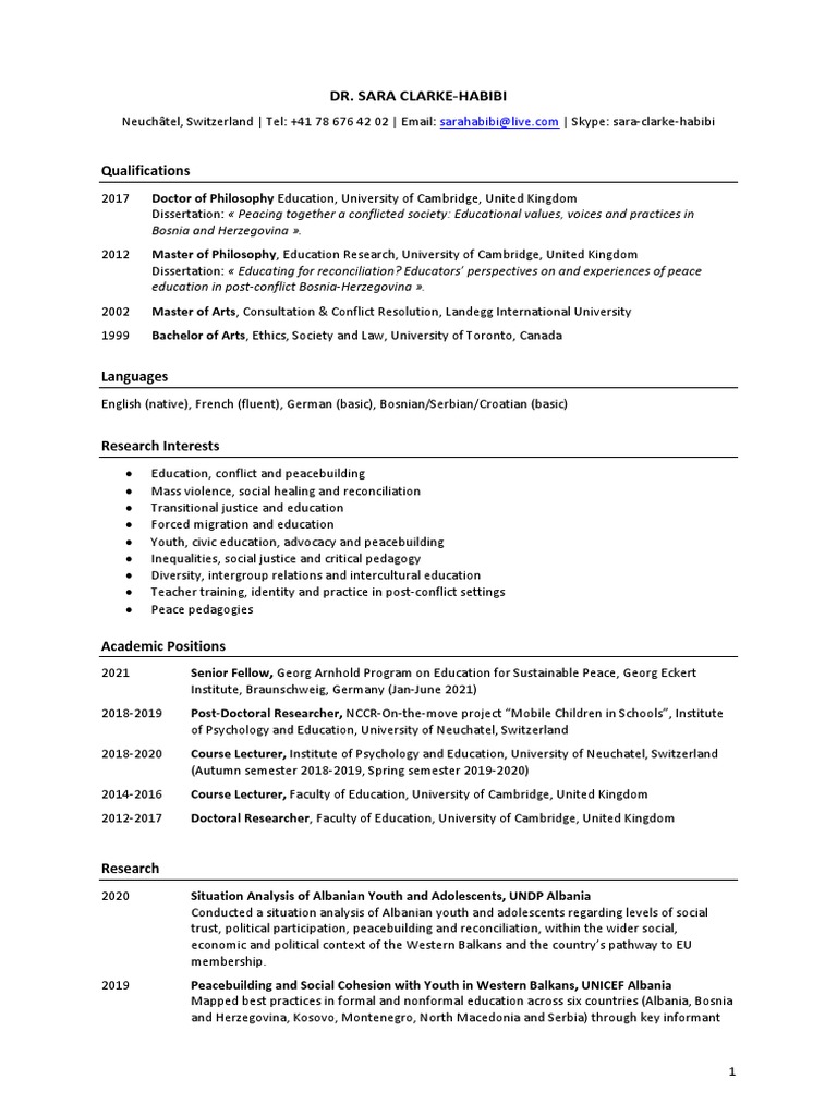 Dr. Sara Clarke-Habibi: Peace Education Expert | PDF | Peacebuilding ...