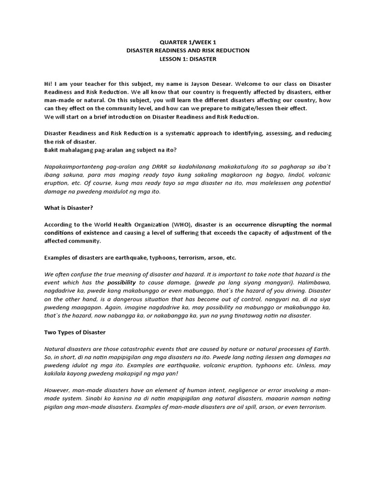Quarter 1/week 1 Disaster Readiness and Risk Reduction Lesson 1 ...
