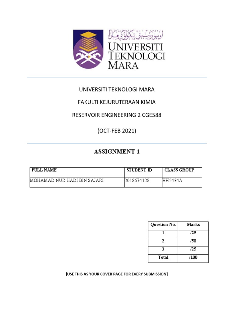 Universiti Teknologi Mara Fakulti Kejuruteraan Kimia Reservoir ...