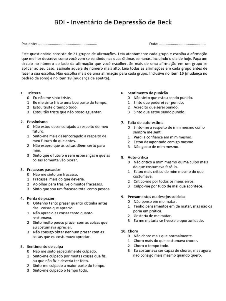Inventário de Depressão de Beck | PDF