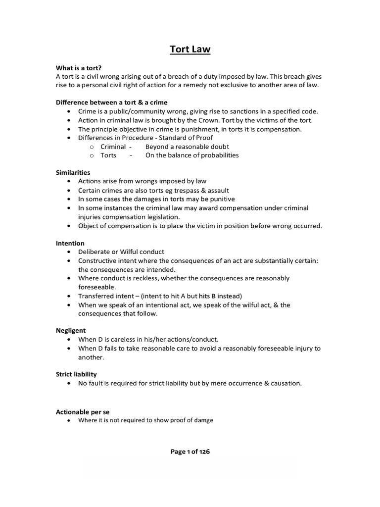 Law of Torts - LLB - Study Notes PDF | PDF | Tort | Trespass