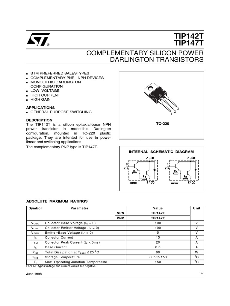 TIP142T TIP147T: Complementary Silicon Power Darlington Transistors ...