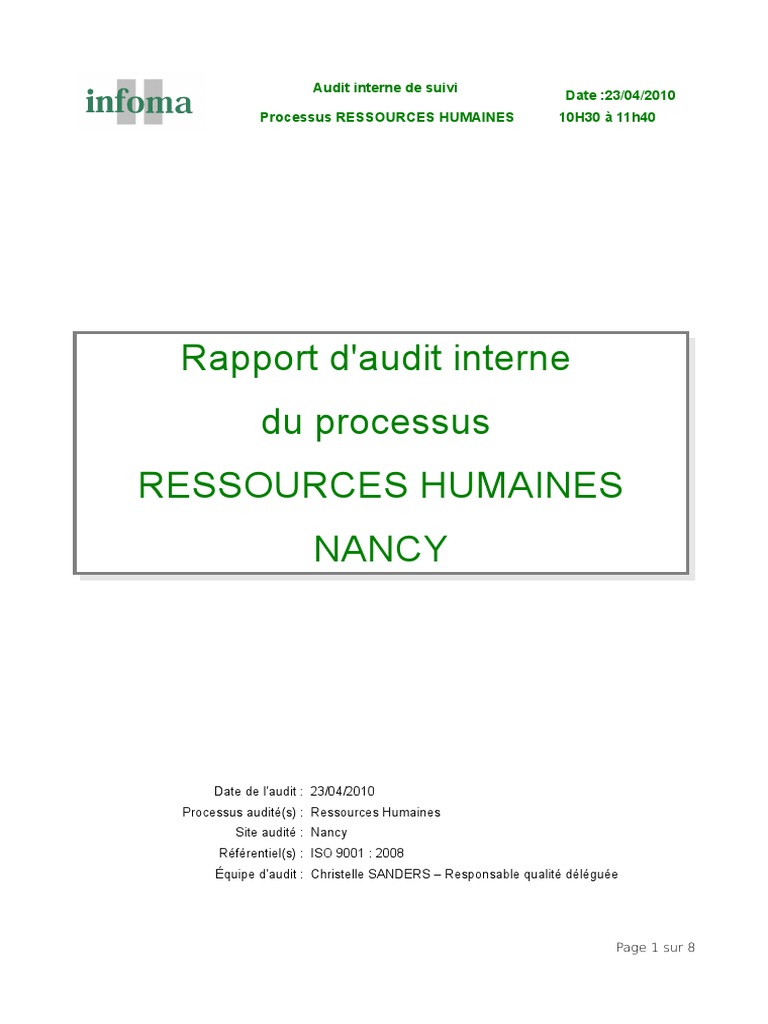 Rapport D'audit Interne Du Processus RESSOURCES HUMAINES NANCY PDF | PDF | Audit | Système de ...