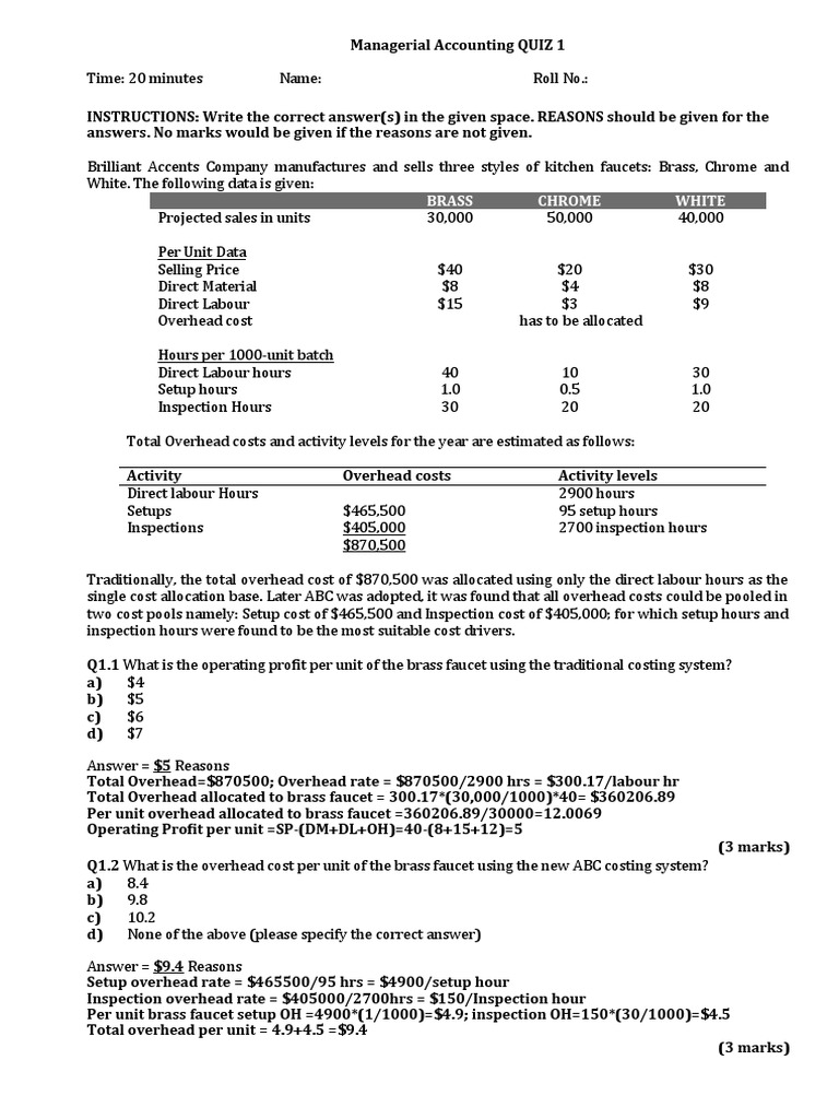 Managerial Accounting Quiz 1 Answers | PDF | Cost | Management Accounting