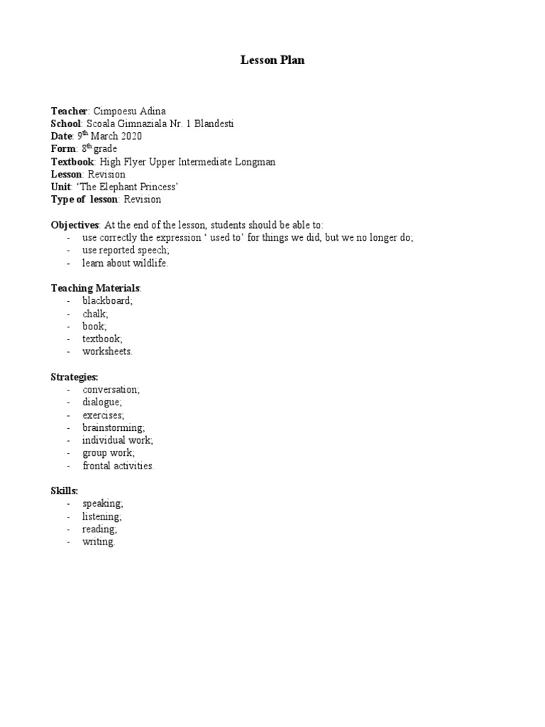 Plan de Lectie | Download Free PDF | Lesson Plan | Homework