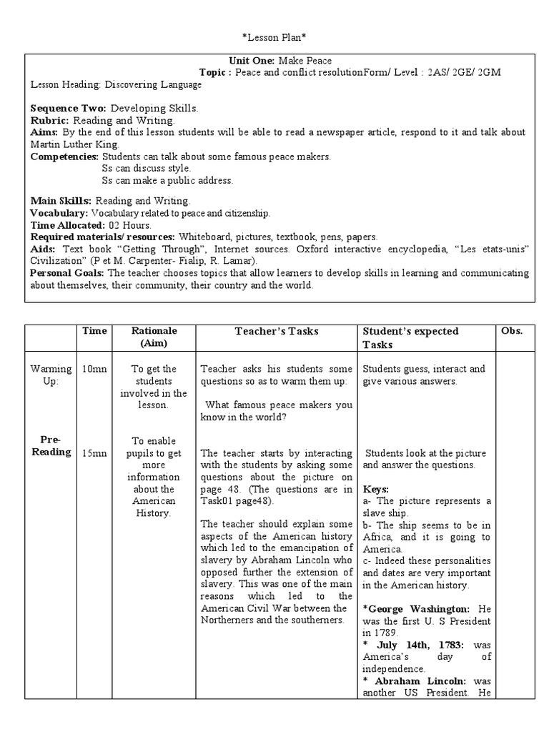 Peace and Conflict Resolution Lesson Plan | PDF | Martin Luther King Jr ...