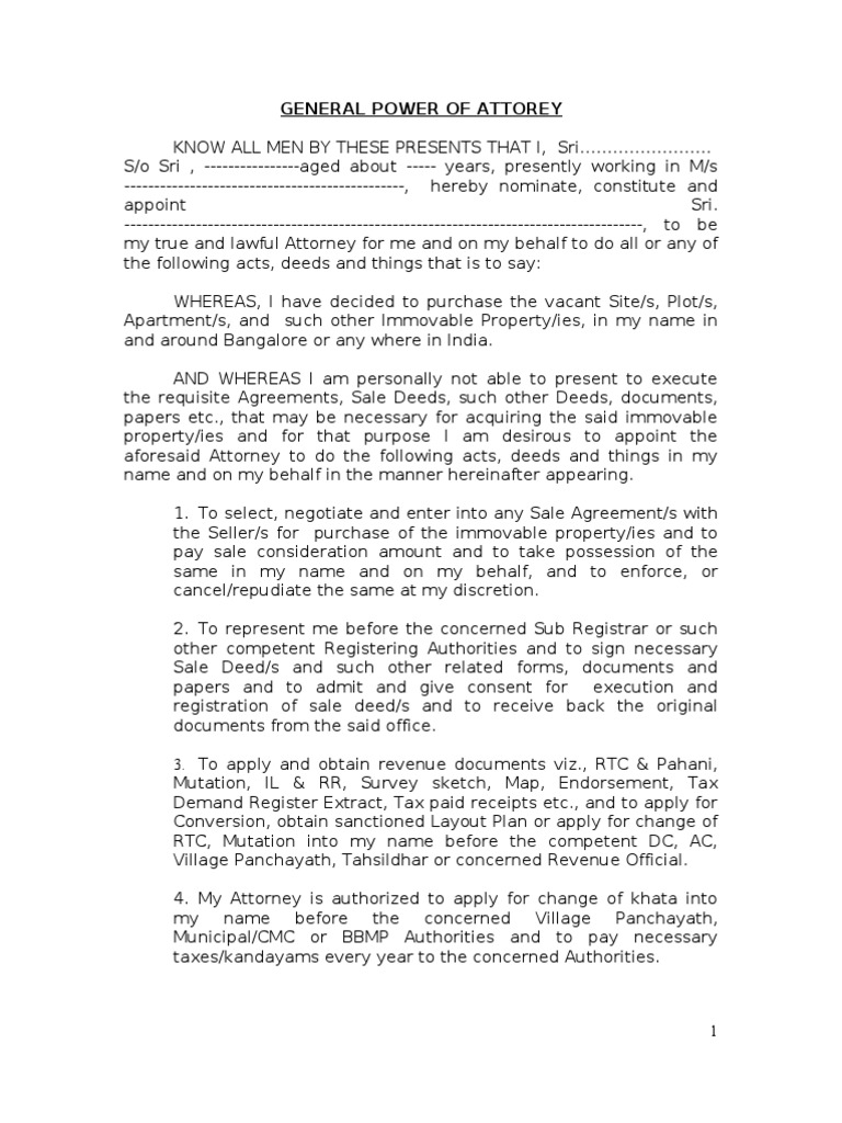 In India Gpa Format | PDF | Power Of Attorney | Deed