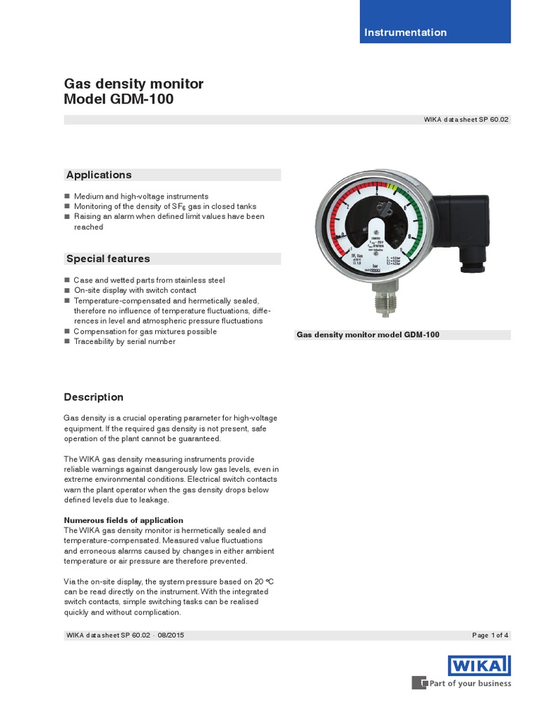 Gas Density Monitor Model GDM-100: Applications | PDF | Density | Switch