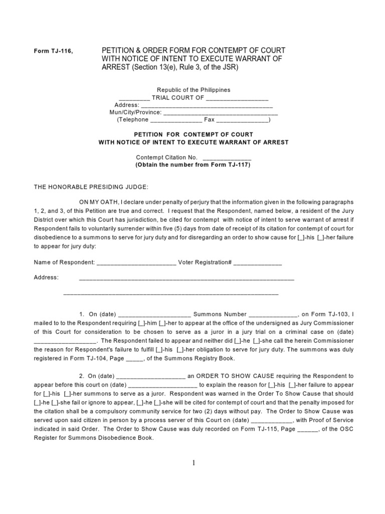 Petition & Order Form For Contempt of Court With Notice of Intent To ...