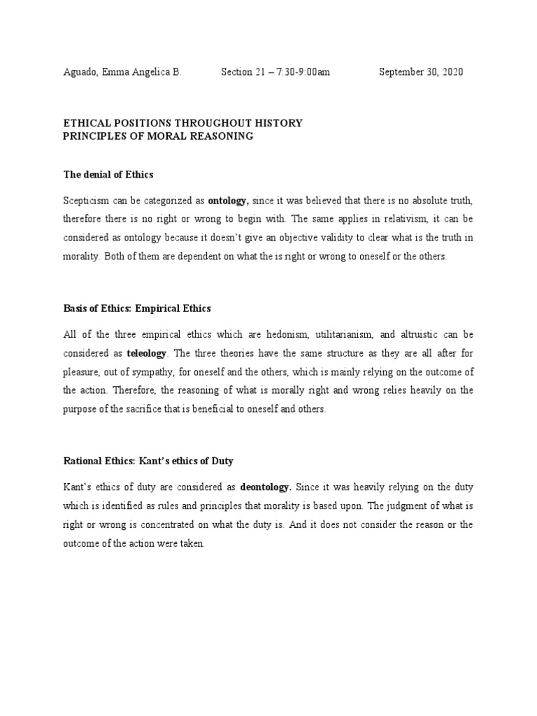 Ethical Positions Throughout History Principles of Moral Reasoning ...