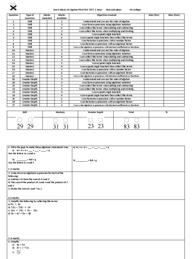 Year 8 Algebra Practice Test | PDF | Factorization | Fraction (Mathematics)