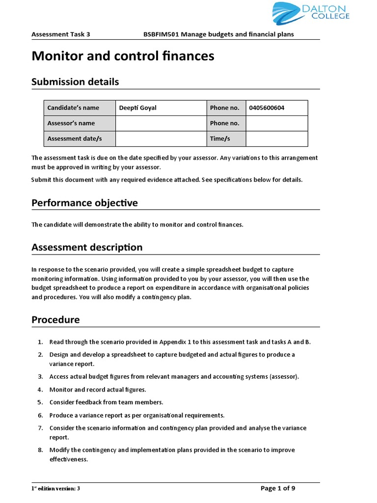 Monitor and Control Finances: Submission Details | PDF | Budget ...