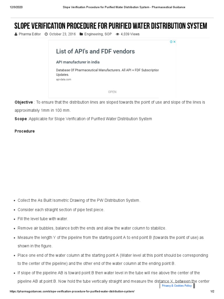Slope Verification Procedure For Purified Water Distribution System | Download Free PDF | Slope ...