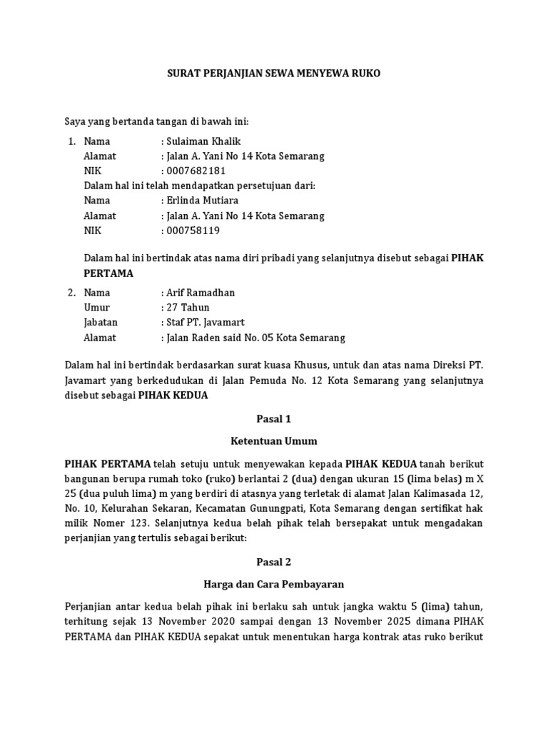 Surat Perjanjian Sewa Menyewa Ruko | PDF