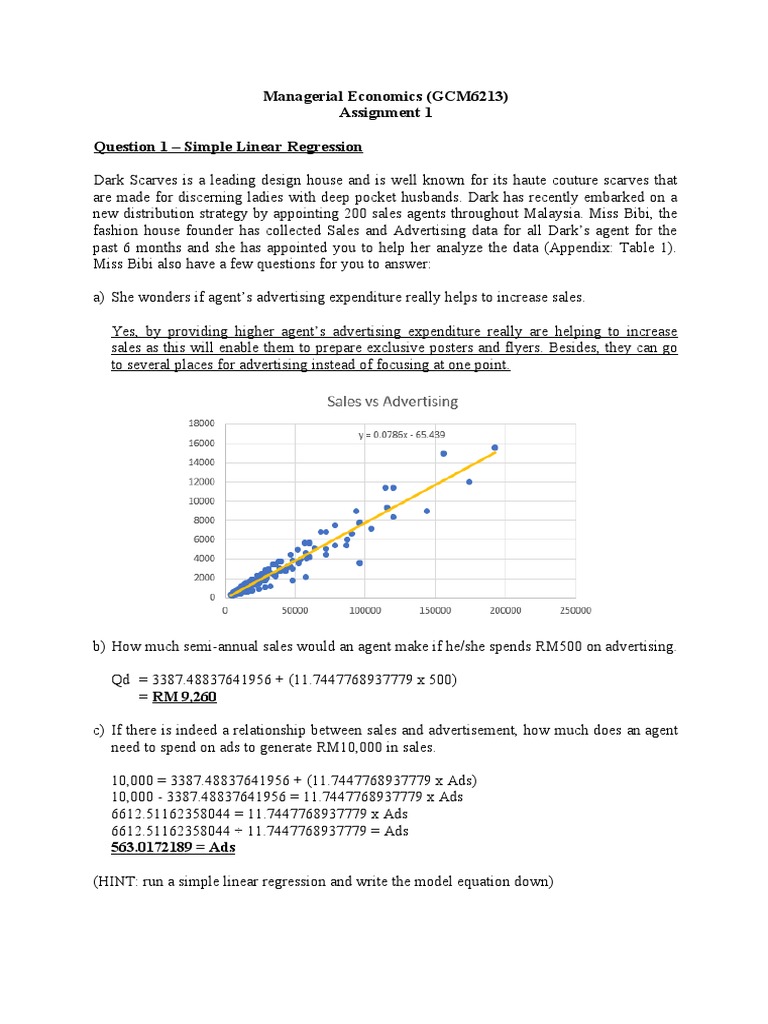 Managerial Economics (GCM6213) Assignment 1 Question 1 - Simple Linear Regression | PDF | Demand ...