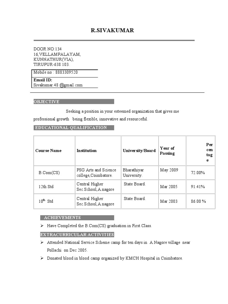 R. Sivakumar's Resume and Profile | PDF