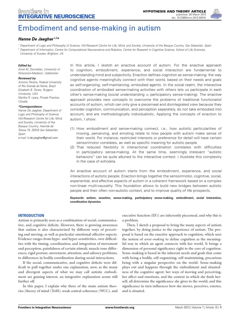 Embodiment and Sense Making in Autism | PDF | Embodied Cognition | Autism