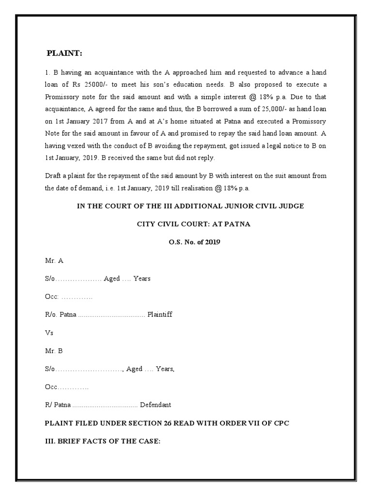 Plaint:: in The Court of The Iii Additional Junior Civil Judge City ...