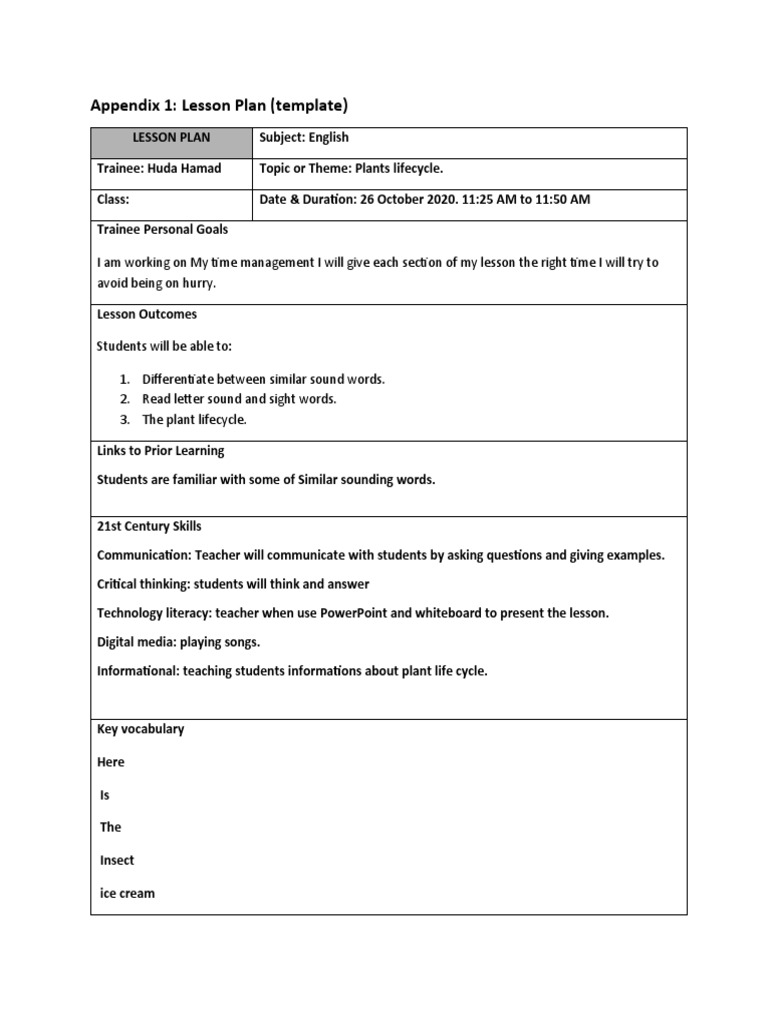 Appendix 1: Lesson Plan (Template) | PDF | Lesson Plan ...