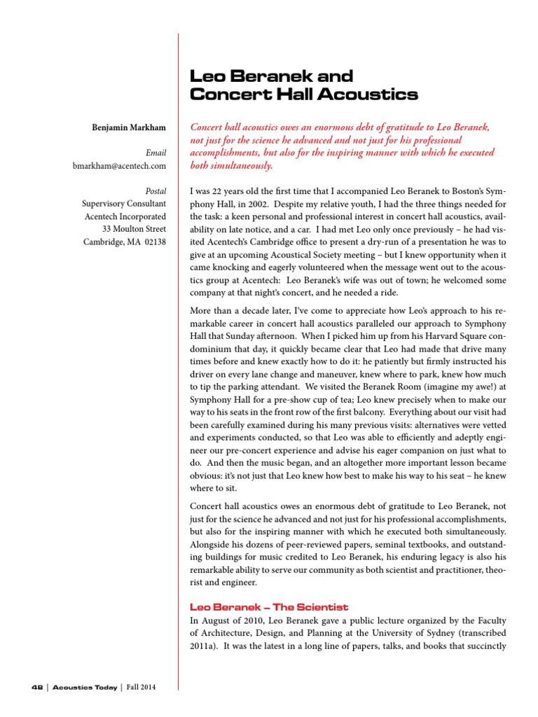 Leo Beranek and Concert Hall Acoustics PDF | PDF | Acoustics | Sound