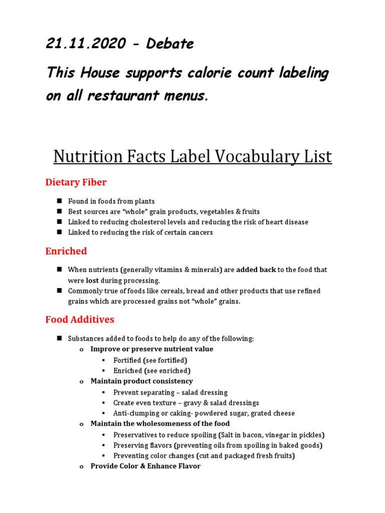Nutrition Facts Label Vocabulary List | PDF | Nutrition Facts Label | Foods