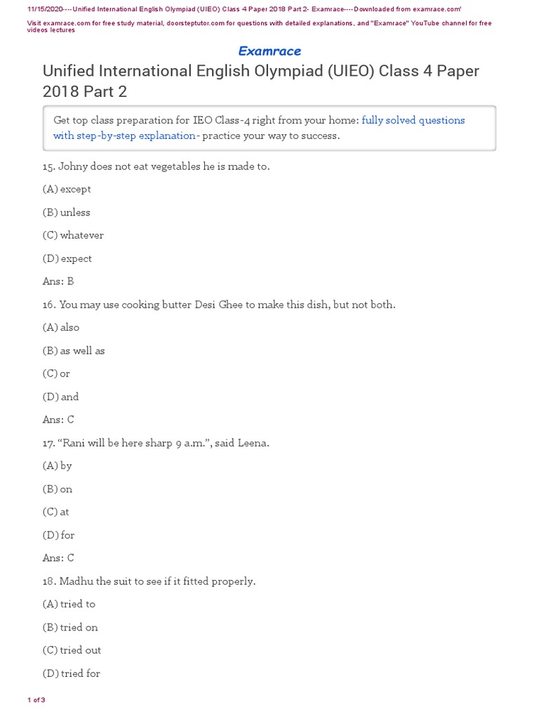 Unified International English Olympiad (UIEO) Class 4 Paper: Examrace | PDF