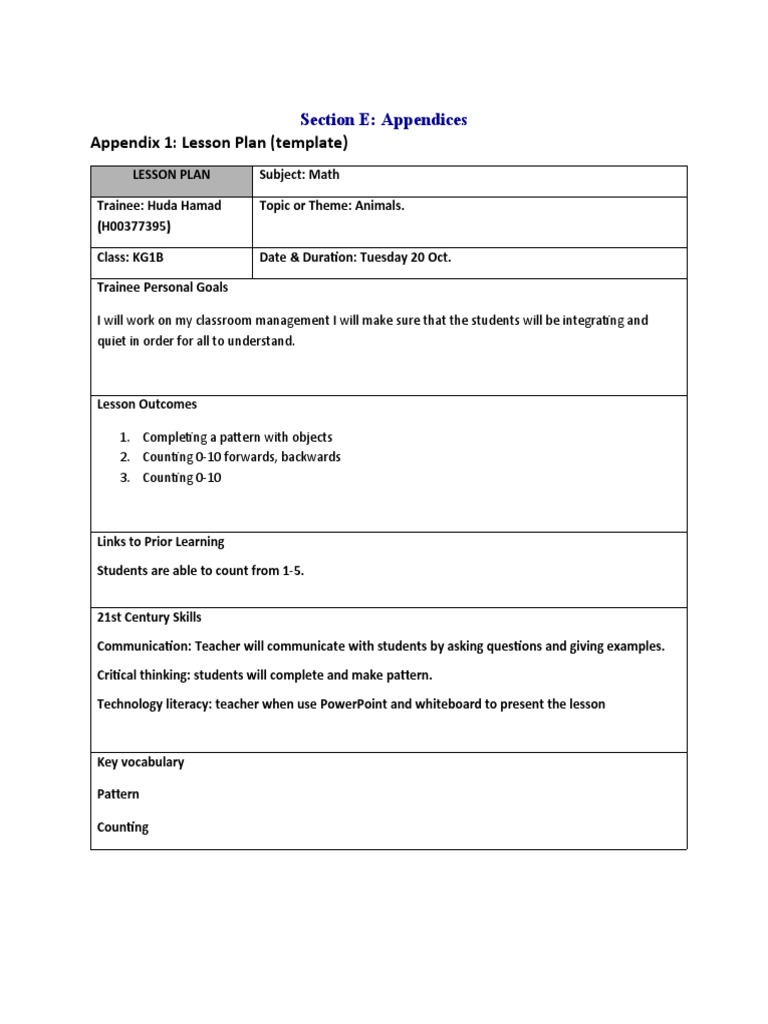 Appendix 1: Lesson Plan (Template) : Section E: Appendices | PDF ...