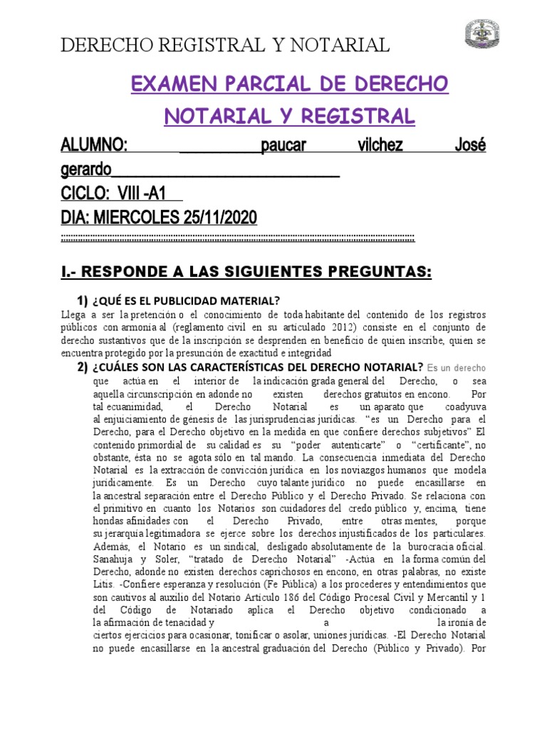 2020-2 Examen Parcial de Derecho Notarial y Registral Pauacar Vilchez Jose | PDF | Esfera ...