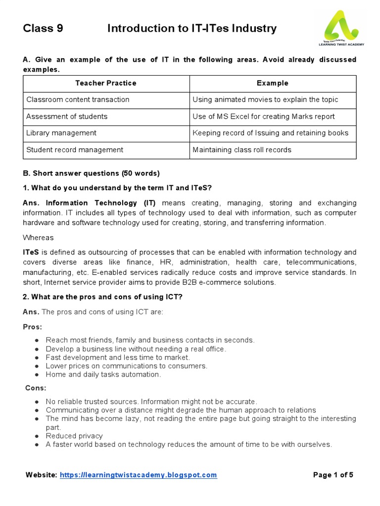 Chapter - Introduction To IT-ITes Industry Class 9 | PDF | Ct Scan ...