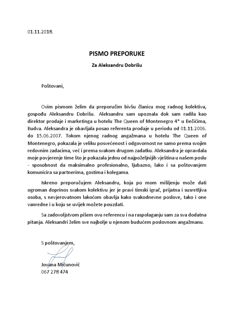 Aleksandra Dobrisa Pismo Preporuke PDF | PDF