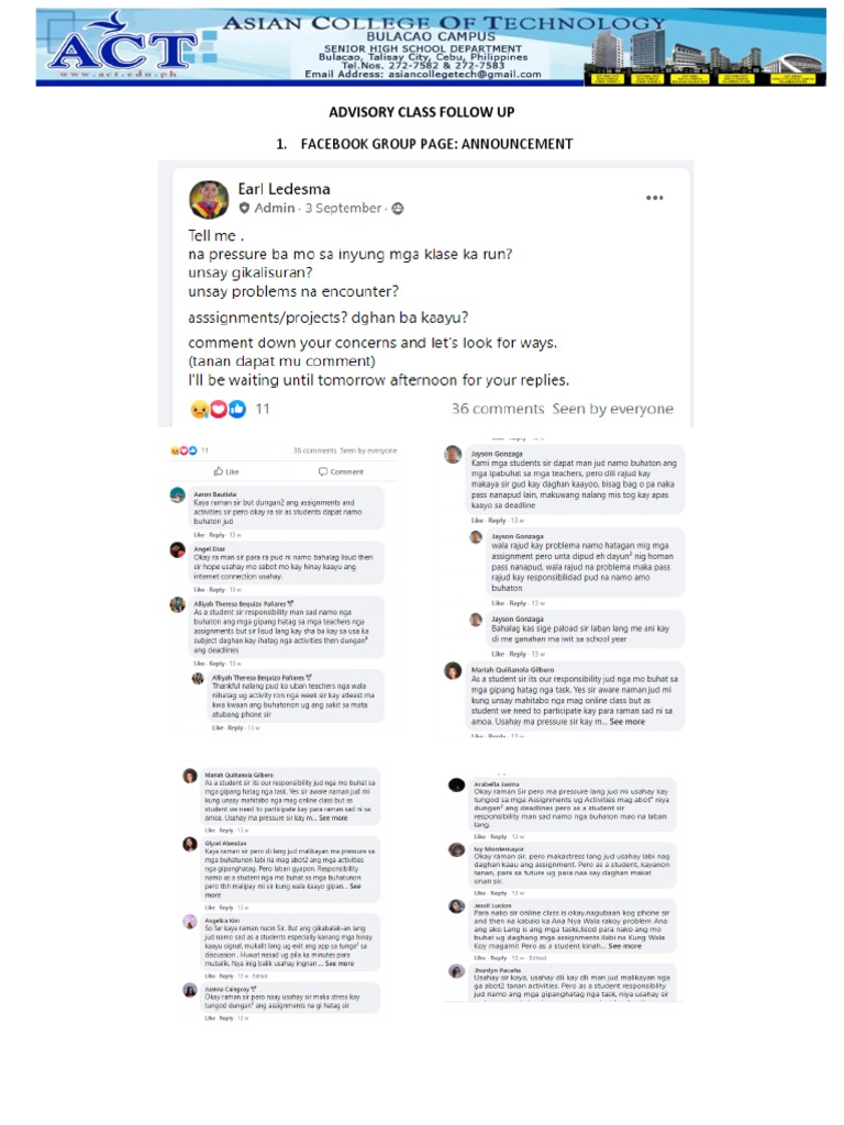 Facebook Group Page: Announcement: Advisory Class Follow Up | PDF