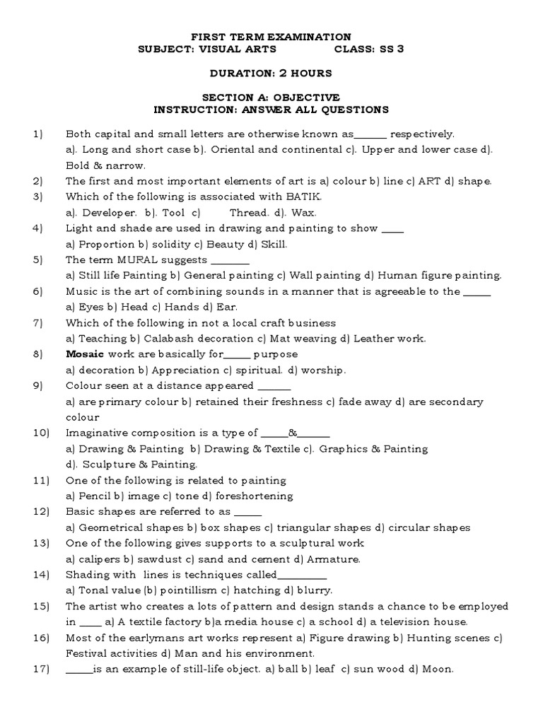 Visual Art Exam Questions For SS1-3 MCQ Objective & Theory | PDF ...