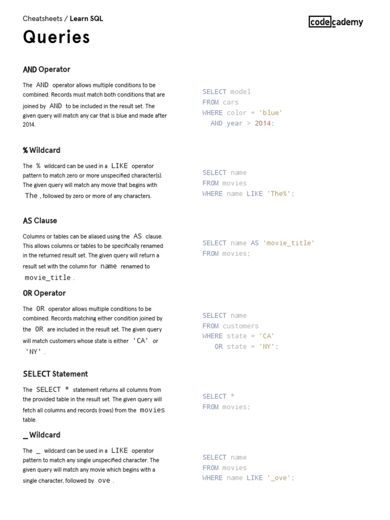 Learn SQL - Queries Cheatsheet - Codecademy PDF | PDF | Table (Database) | Data Management Software