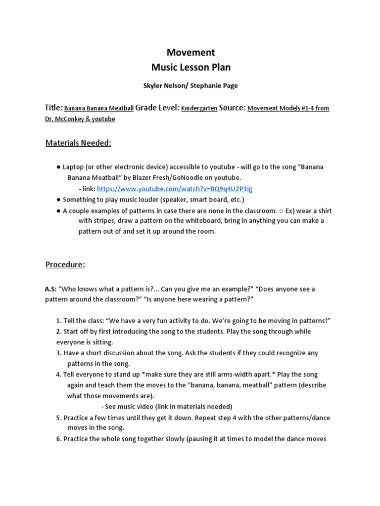 Movement Music Lesson Plan: Title: Grade Level: Source | PDF | Shape ...