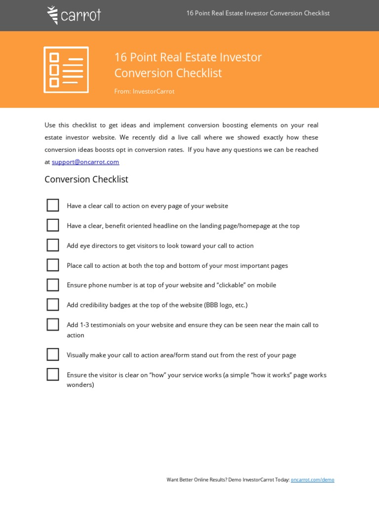 16 Point Real Estate Investor Conversion Checklist | PDF | Social Media ...
