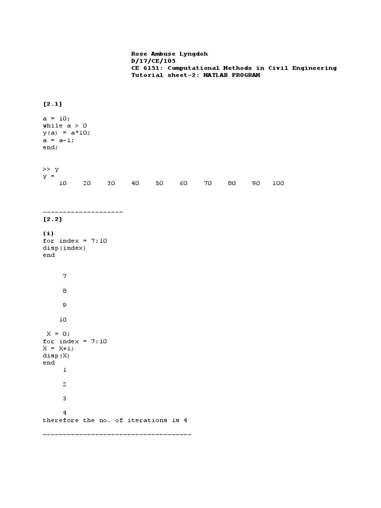 D/17/CE/105 CE 6151: Computational Methods in Civil Engineering Tutorial Sheet-2: MATLAB PROGRAM ...