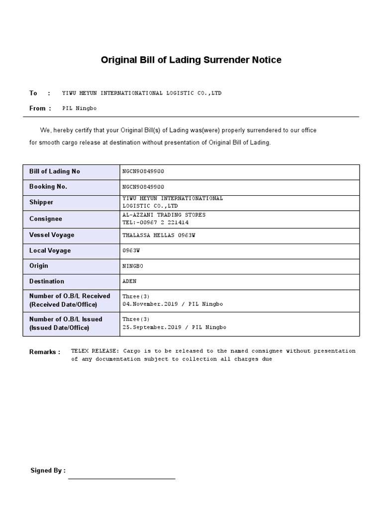 Original Bill of Lading Surrender Notice: To: From | PDF