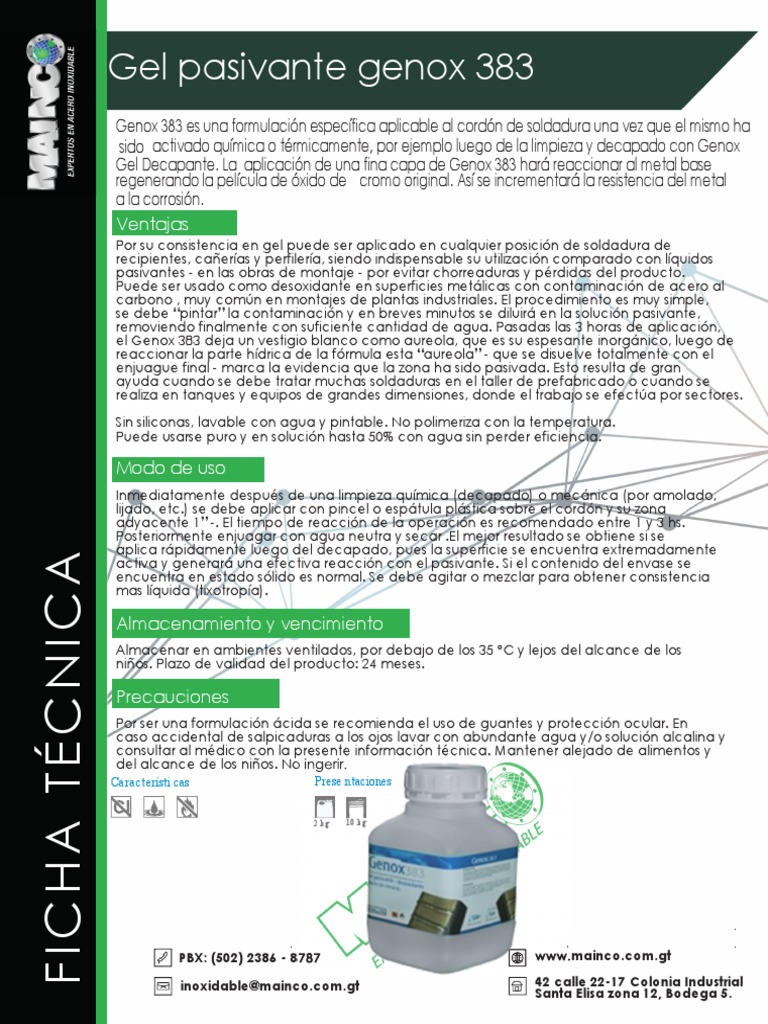 Gel Pasivante Genox 383: Ficha Técnica | PDF | Soldadura | Construcción