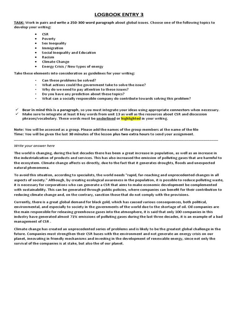 Logbook Entry 3: Write Your Answer Here | PDF | Global Warming ...